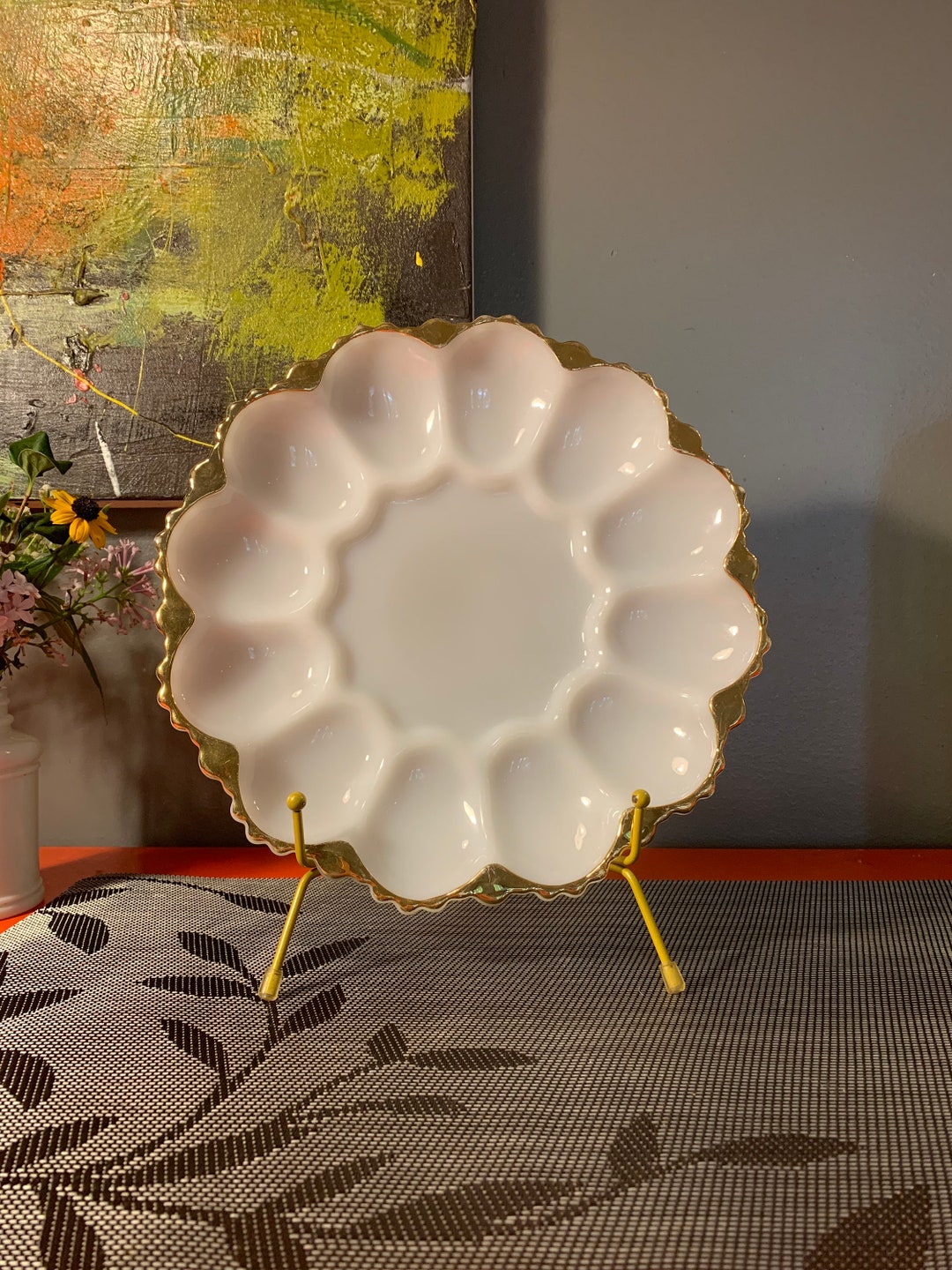 Vintage Anchor Hocking Milk Glass Deviled Egg Platter With Gold Trim - Etsy