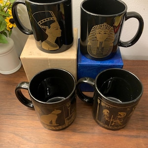 Vintage Black & Gold Egyptian Mugs, Nefertiti/ King Tut/ Cat/pharaoh ...