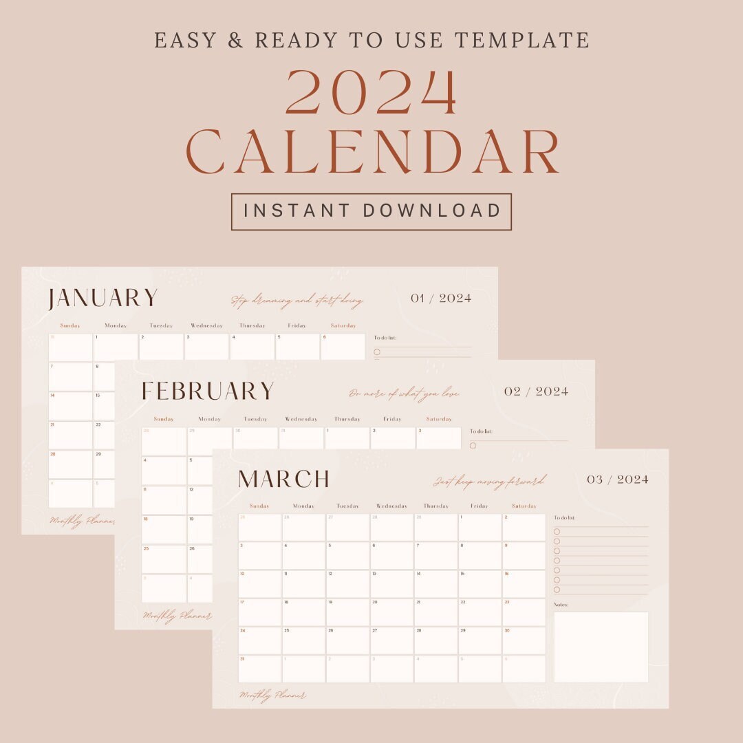 Beige and Brown Minimalist Clean Aesthetic 2024 Monthly Calendar - Etsy