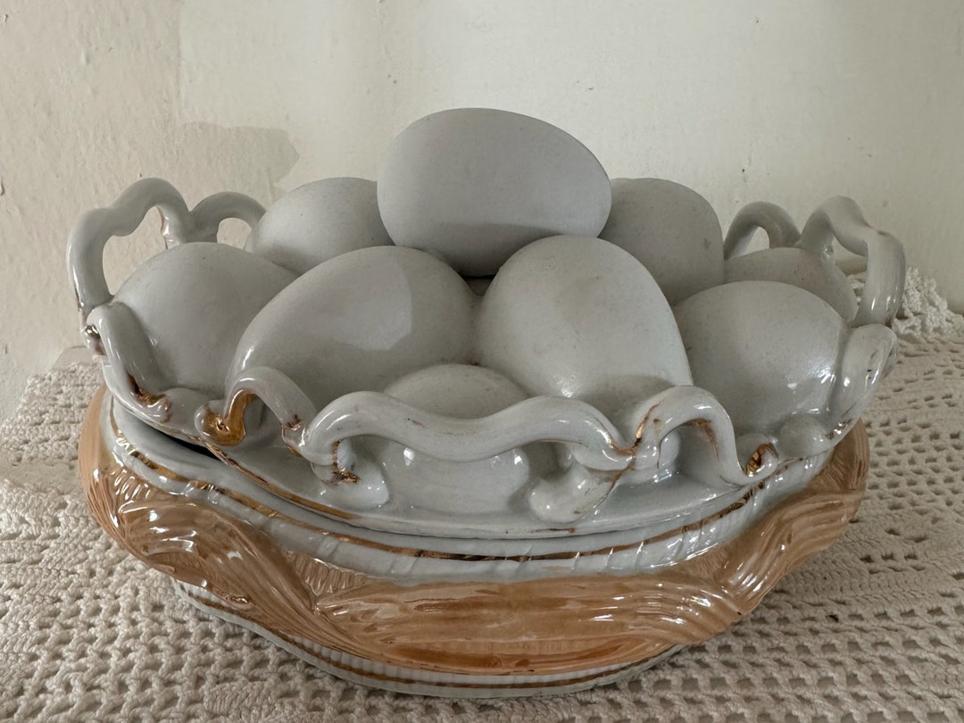 Lusterware Ceramic Bowl With Faux Eggs – Shimmer Pearl Glaze – Rustic ...