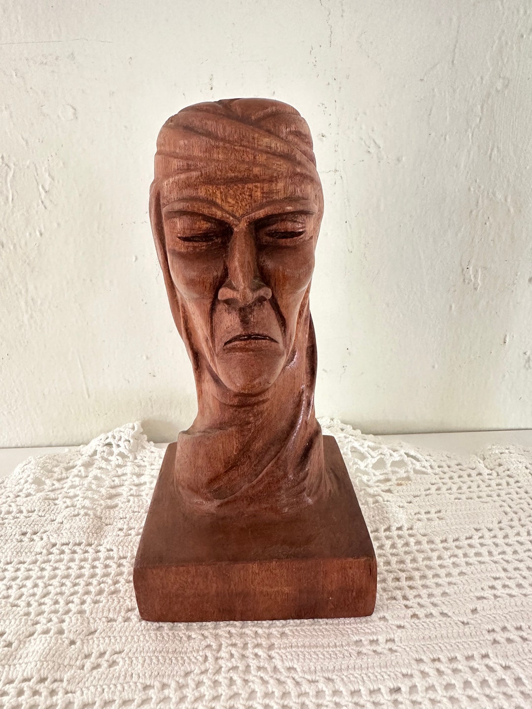 Hand-carved Wooden Bust Sculpture | Expressive Folk Art Head ...