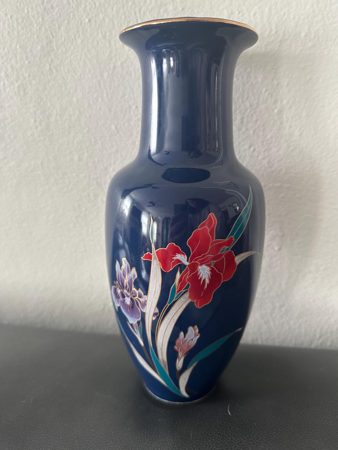 Vintage Japanese Navy Blue Porcelain Vase — Hand Painted Floral Design ...