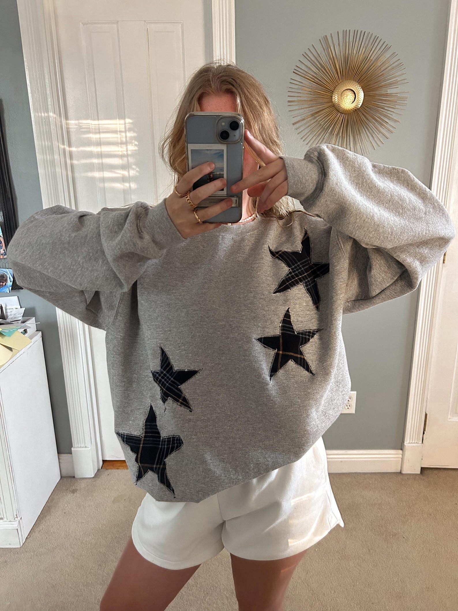Cozy Gray Star Patchwork Sweatshirt Crewneck, Oversized Unisex Pullover ...