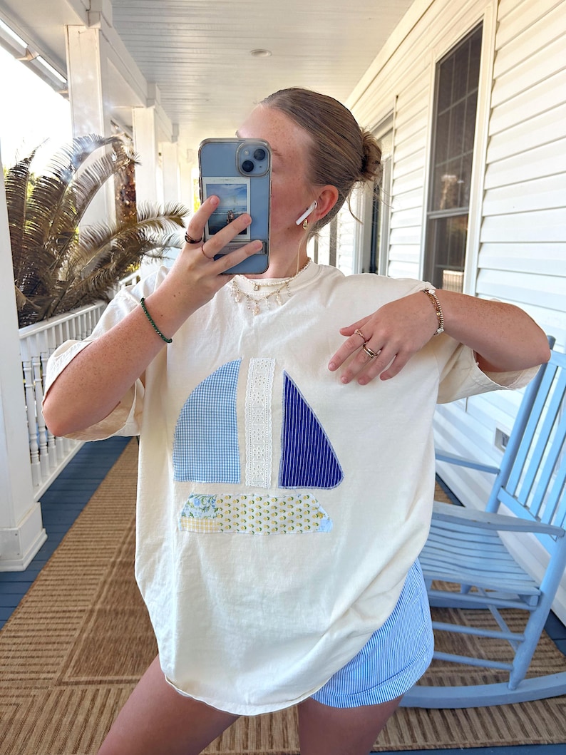 Patchwork Sailboat Crewneck Sweatshirt, Coastal Nautical Pullover - Etsy