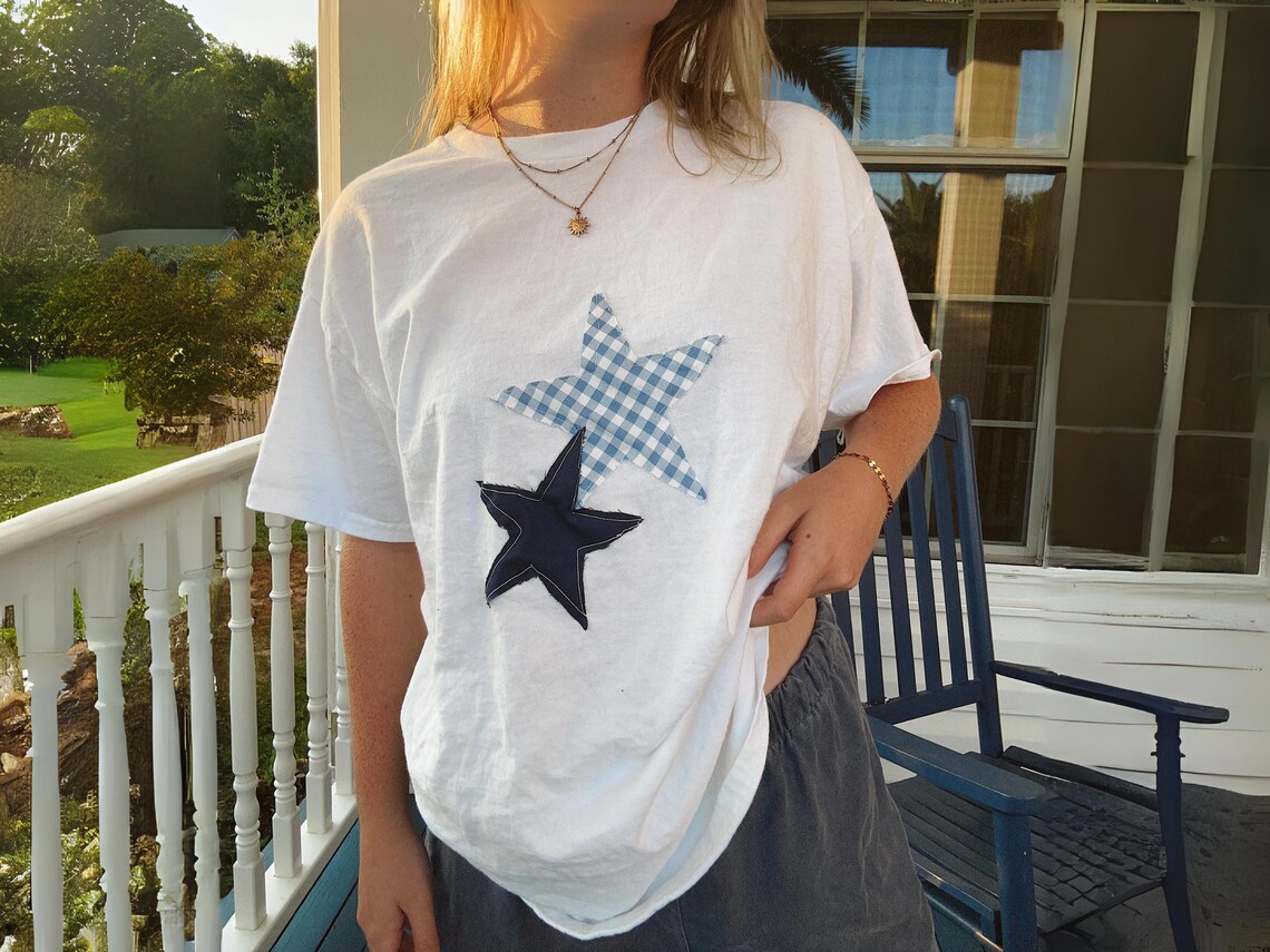 Custom Blue Star Patchwork T-shirt – Handcrafted Cosmic Design - Etsy