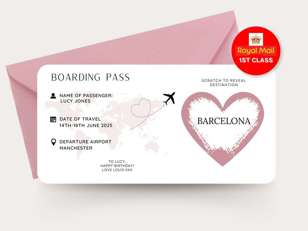 Personalised Boarding Pass Scratch Card, Rounded Edge, Holiday Reveal ...