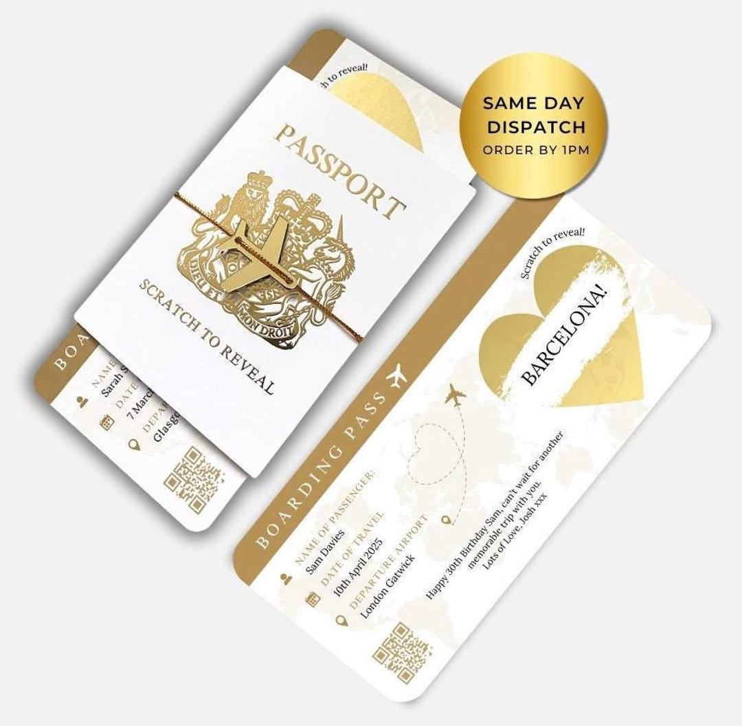 Personalised Boarding Pass Scratch Card, Gold Foil Passport, Gold Plane ...
