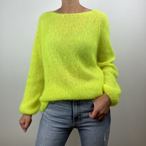 Hand Knitted Kid Mohair and Merino Wool Neon Yellow Green Jumper, Warm ...