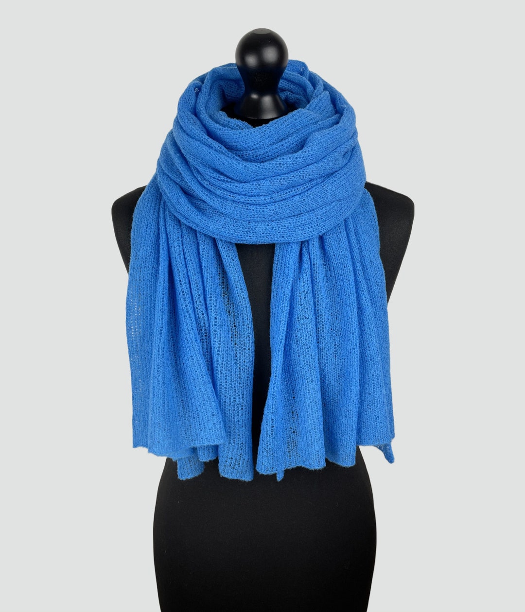 Cornflower Blue Knitted Scarf Wrap Shawl, Merino Wool, Soft and ...