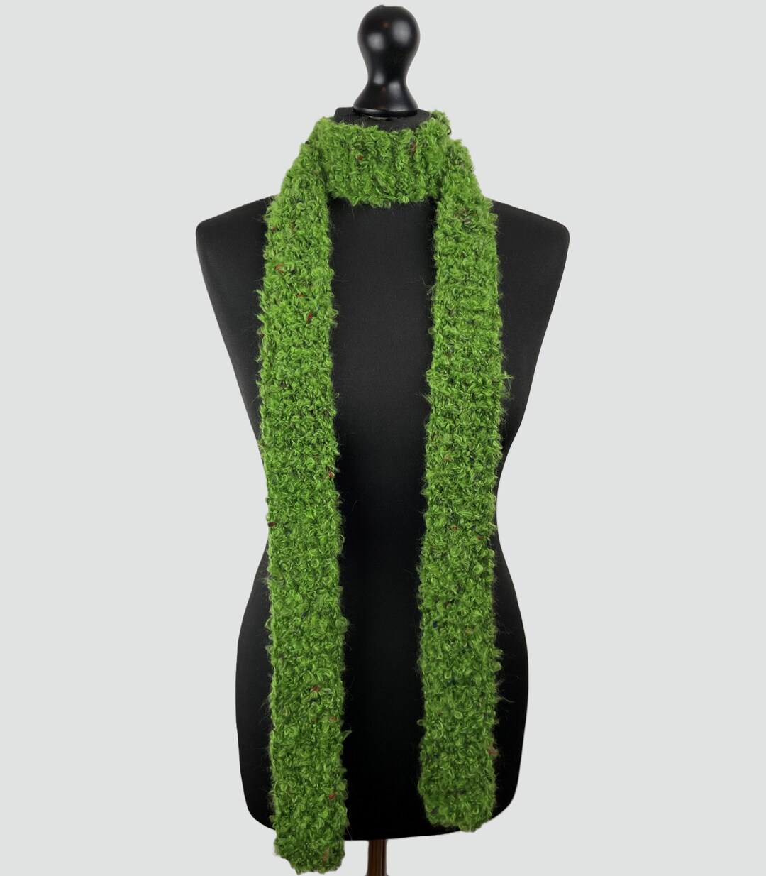 Hand Knitted Long Skinny Scarf, Green Boa Scarf, Boucle Neck Scarf ...