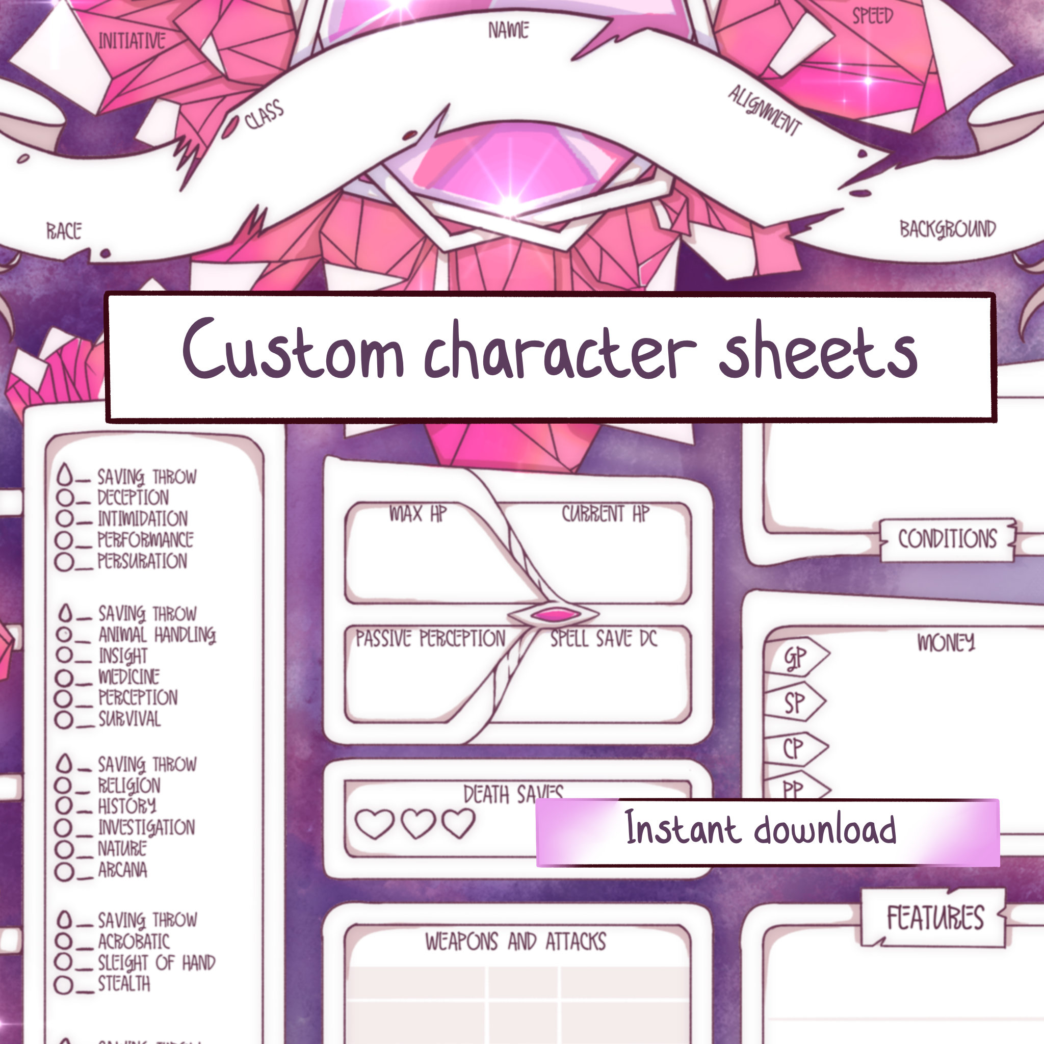 Printable Crystal Character Sheet rpg/ DND/ TTRPG - Etsy