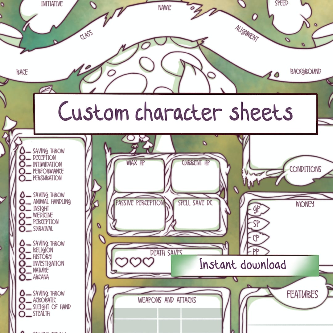 Printable Mushroom Character Sheet [dnd/ Rpg/ Ttrpg] Instant Download ...