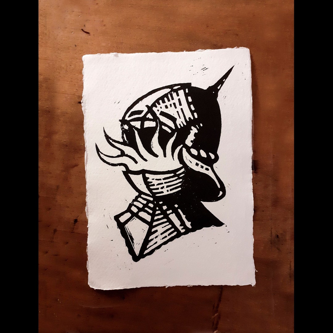 Fire Helmet - Hand Printed Linocut - Art Print - Medieval Style - A5 ...