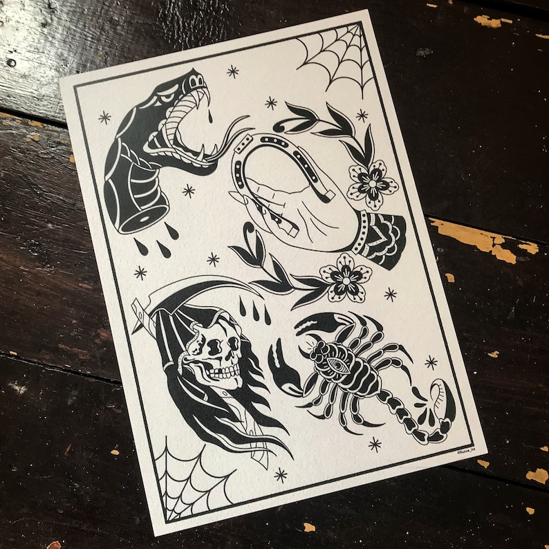 Traditional Tattoo Blackwork Flash Sheet Art Print A4 - Etsy