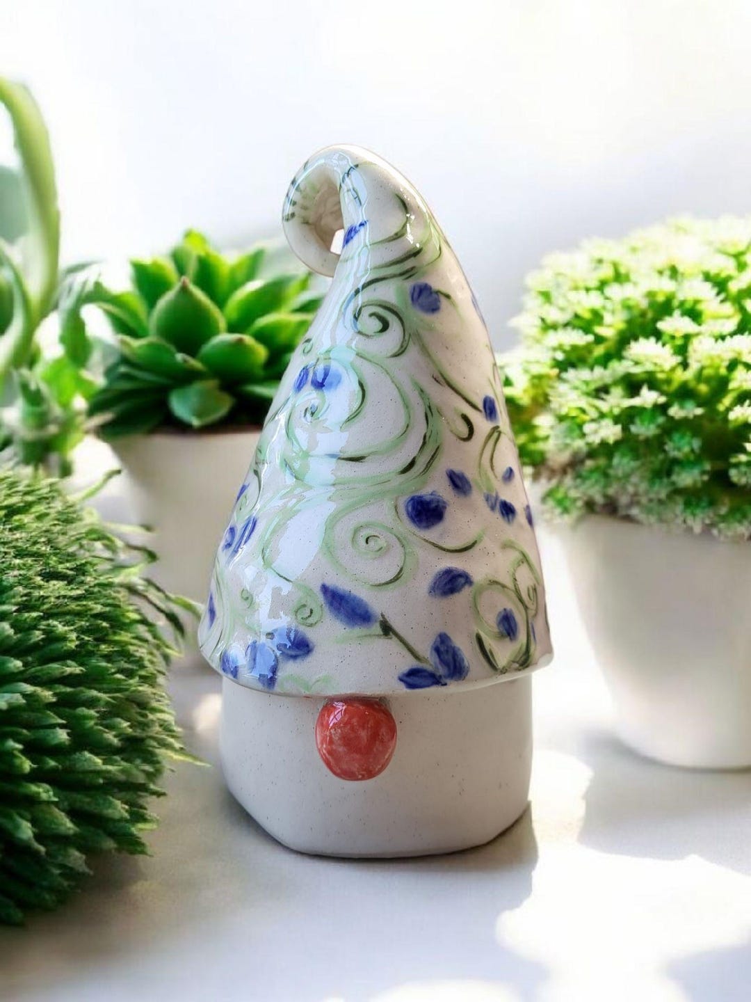Hand Built Pottery Garden Gnome With Blue Flowers - Etsy