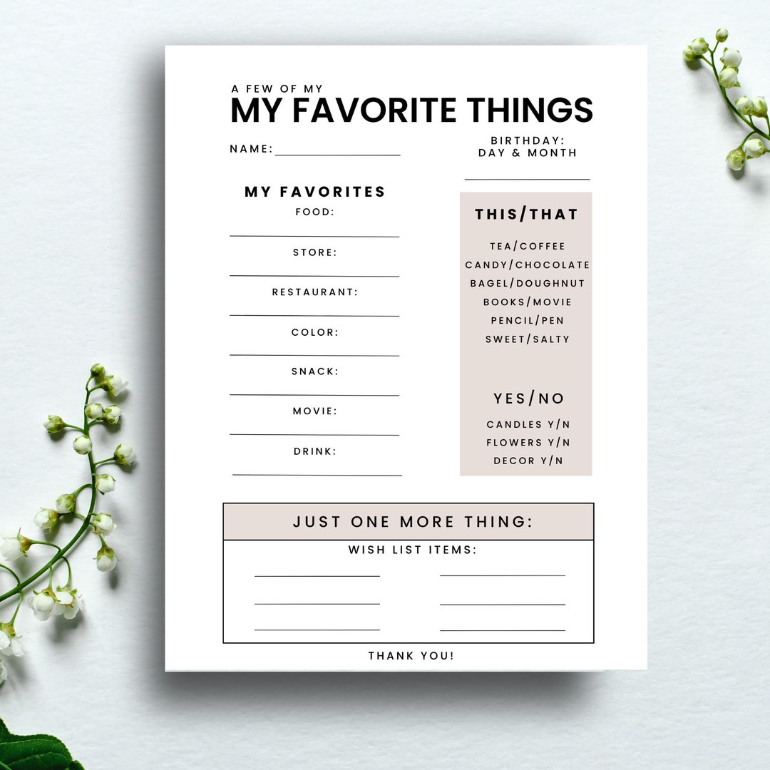 Favorite Things Printable Teacher Favorites Questionnaire, Teacher Gift ...