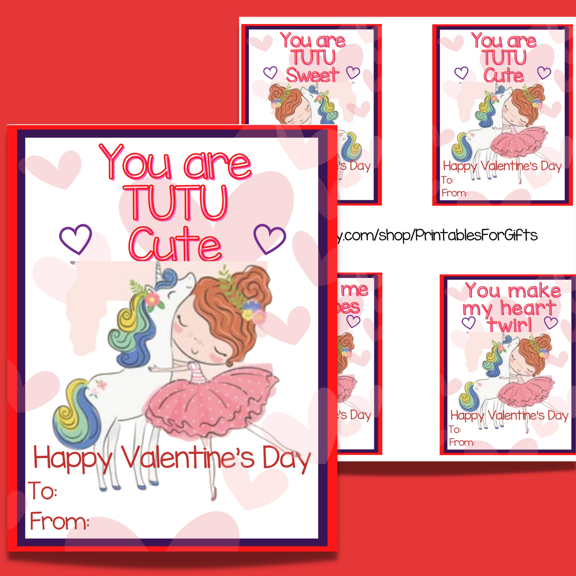 Printable Valentine Cards, Printable Ballerina Valentine Card, Unicorn ...