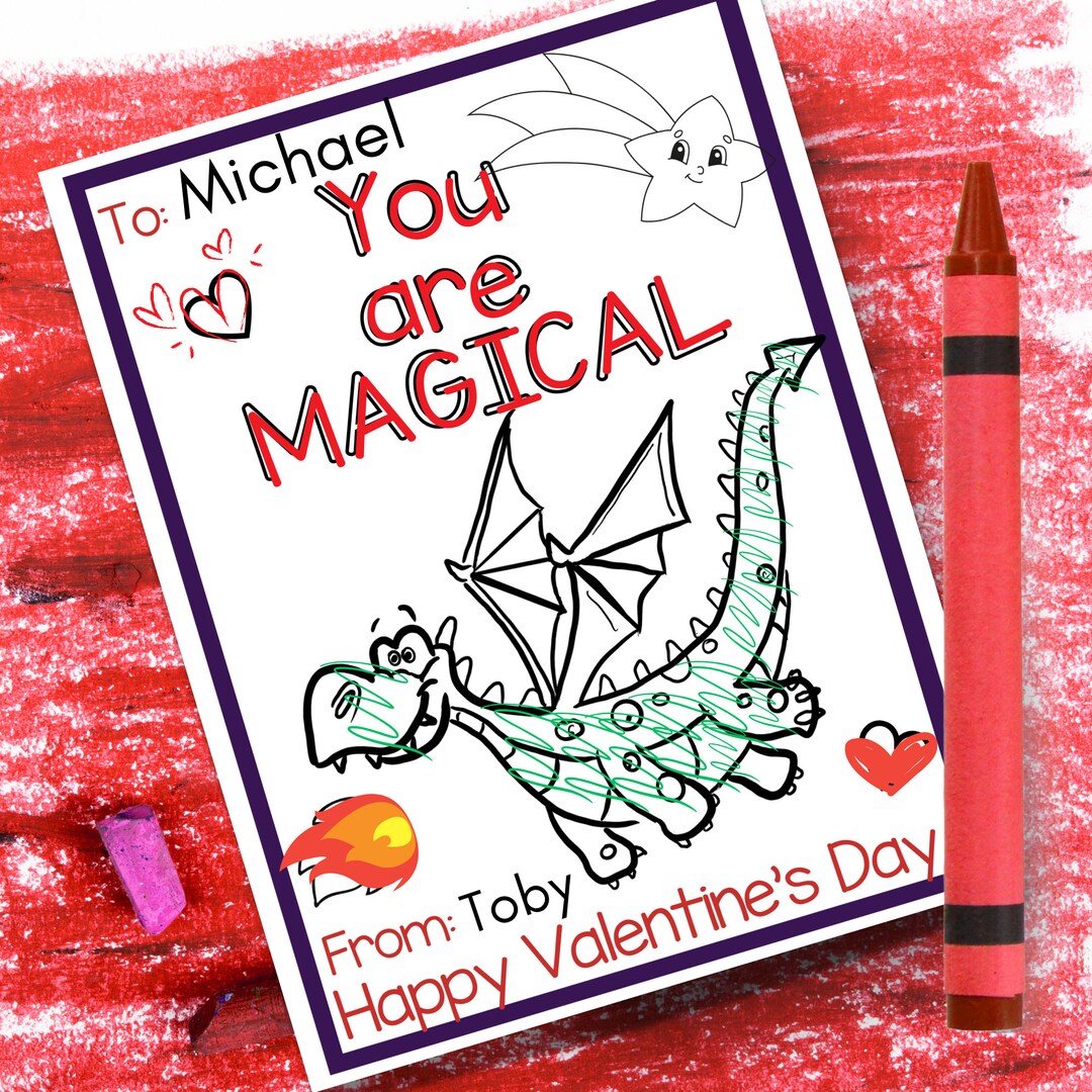 Printable Valentine Card, Dragon Coloring Valentine Card, Set of 4 Kid ...