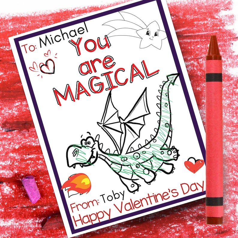 Printable Valentine Card, Dragon Coloring Valentine Card, Set of 4 Kid ...
