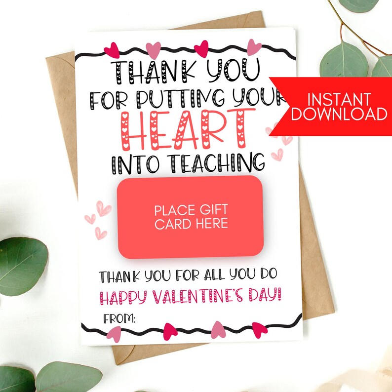 Teacher Valentine Gift Card Holder: Printable Thank You Gift (digital ...