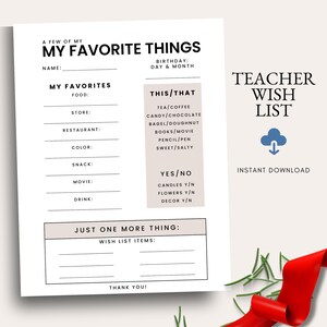 Teacher Favorites Questionnaire Printable: Teacher Appreciation Gift ...