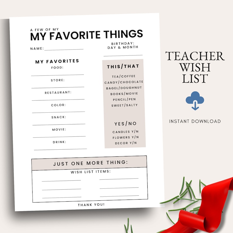 Teacher Favorites Questionnaire Printable: Teacher Appreciation Gift ...