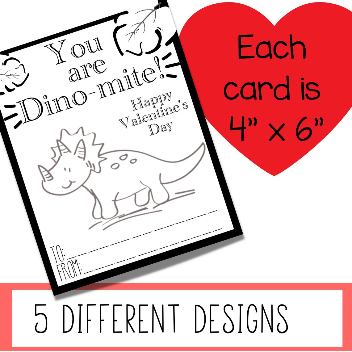 Valentine Cards, Printable Coloring Dinosaur Valentine Card, Set of 5 ...