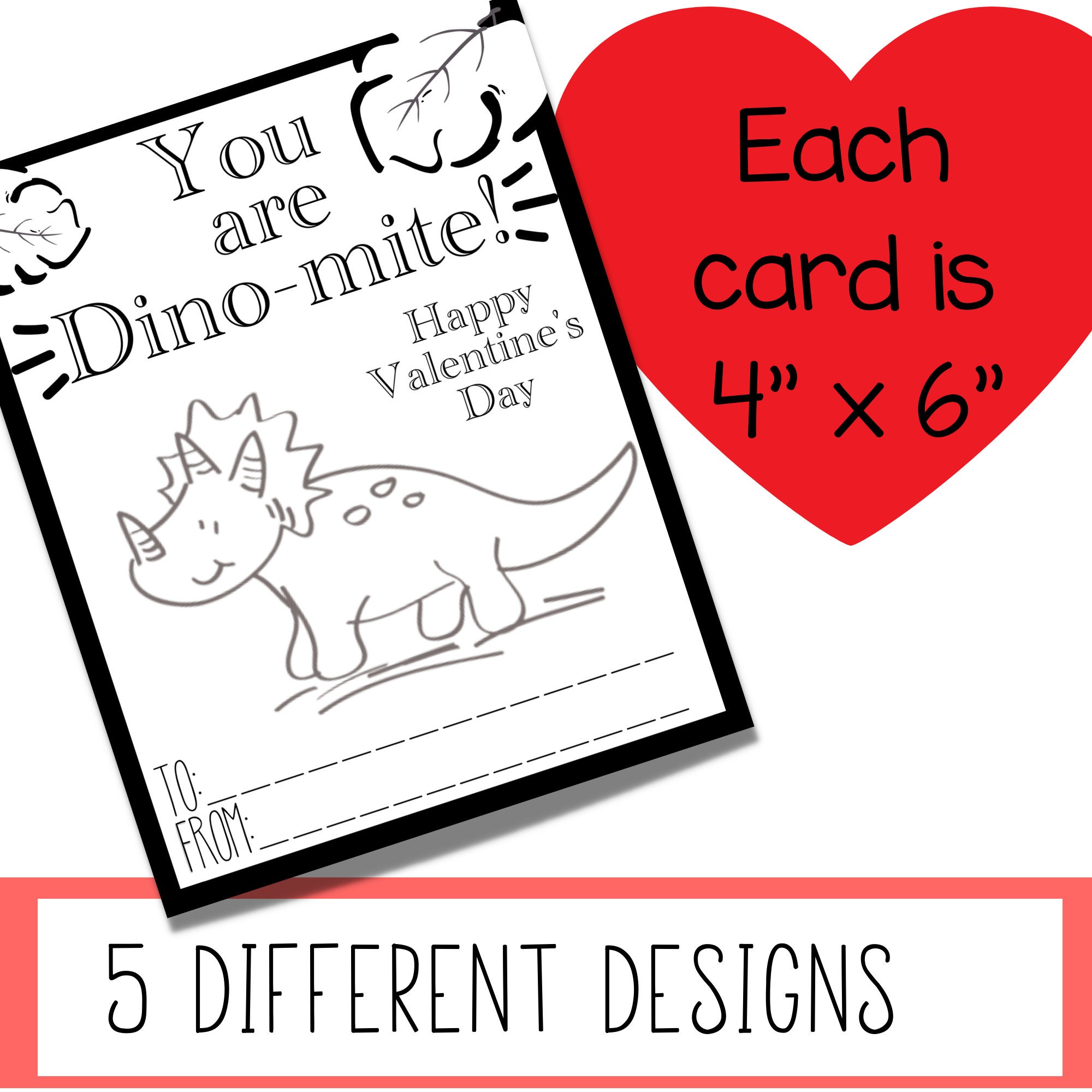 Valentine Cards, Printable Coloring Dinosaur Valentine Card, Set of 5 ...