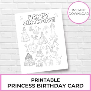 Happy Birthday Card Coloring Page for Girl, Printable Princess Birthday ...
