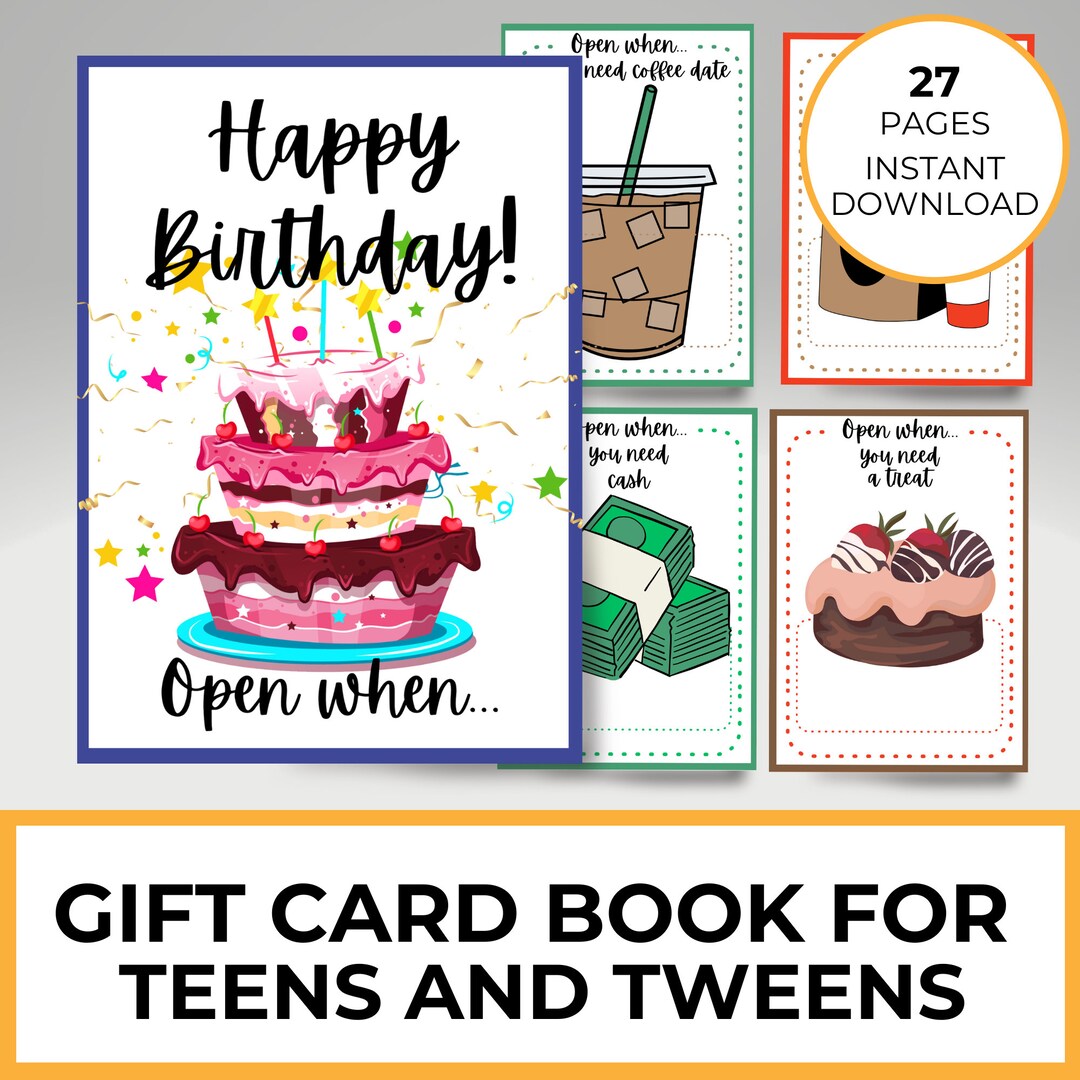 Gift for Teenager, Printable Birthday Gift Card Book, Tween Gift Card ...