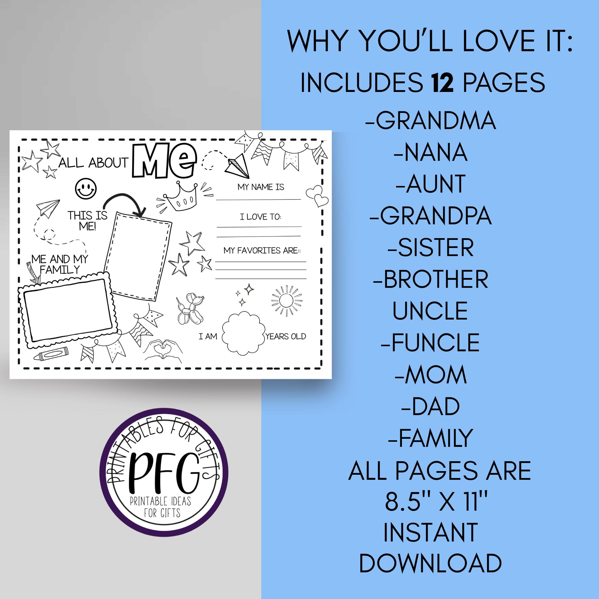 Family Activity Coloring Pages, Kids Printable Journal, About Me ...