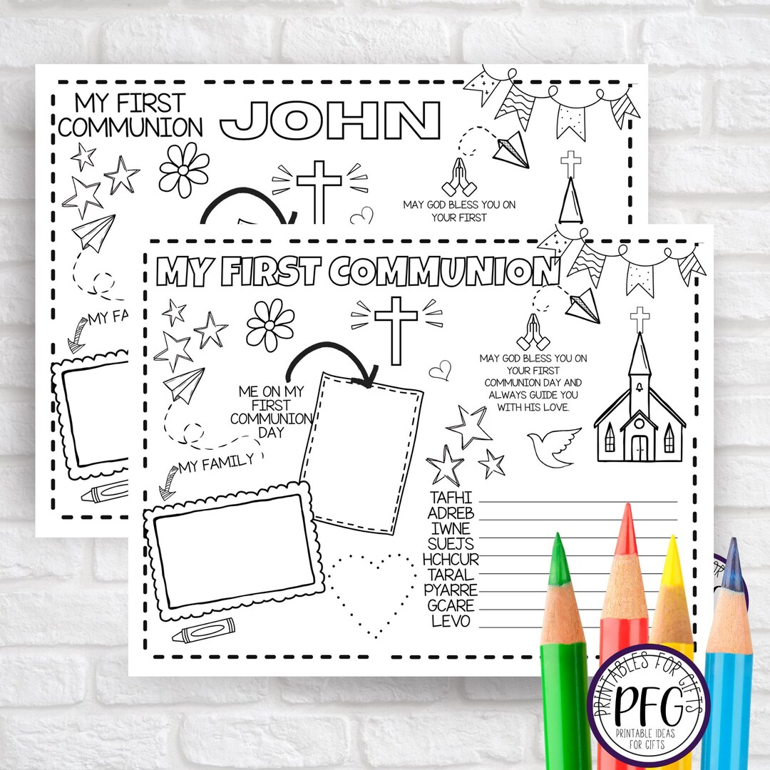 First Communion Coloring Page Activity, Placemat Sheet, Editable Holy ...