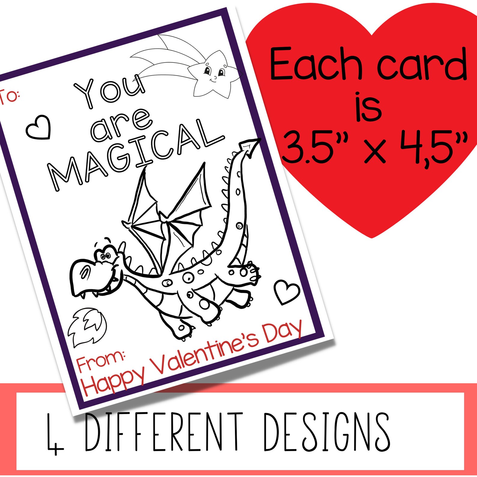 Dragon Coloring Valentine Cards: Set of 4 DIY Kids Valentines (PDF) - Etsy