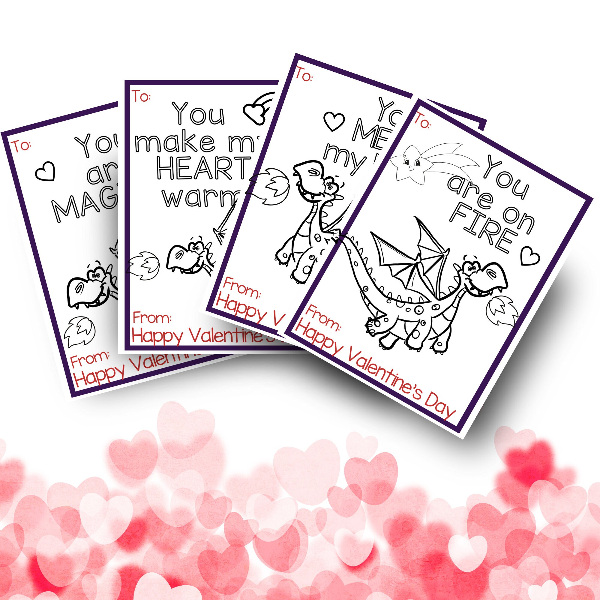 Printable Valentine Card, Dragon Coloring Valentine Card, Set of 4 Kid ...