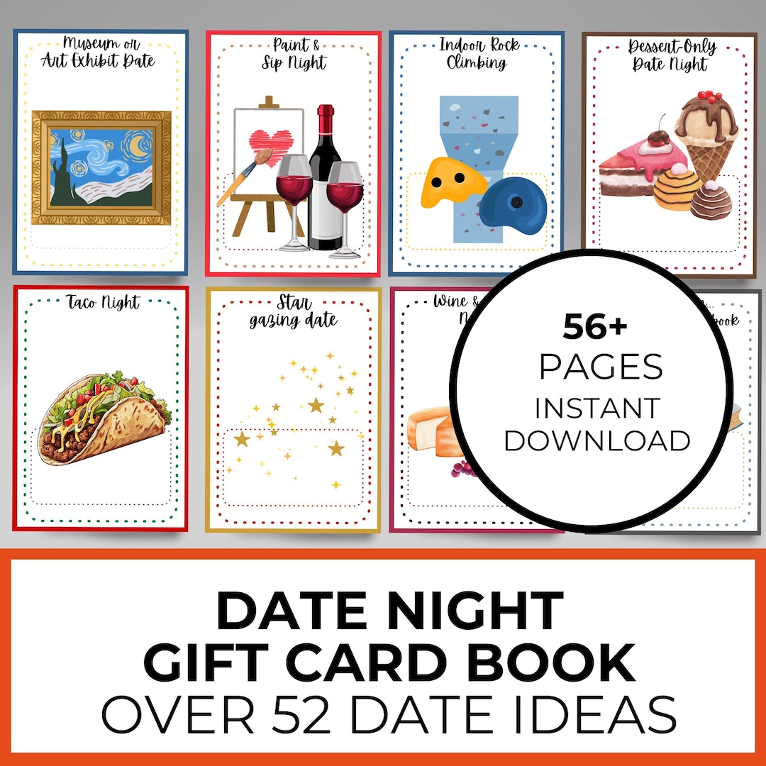 Date Night Ideas Cards, Printable Anniversary Gift Card Holders, Coupon ...