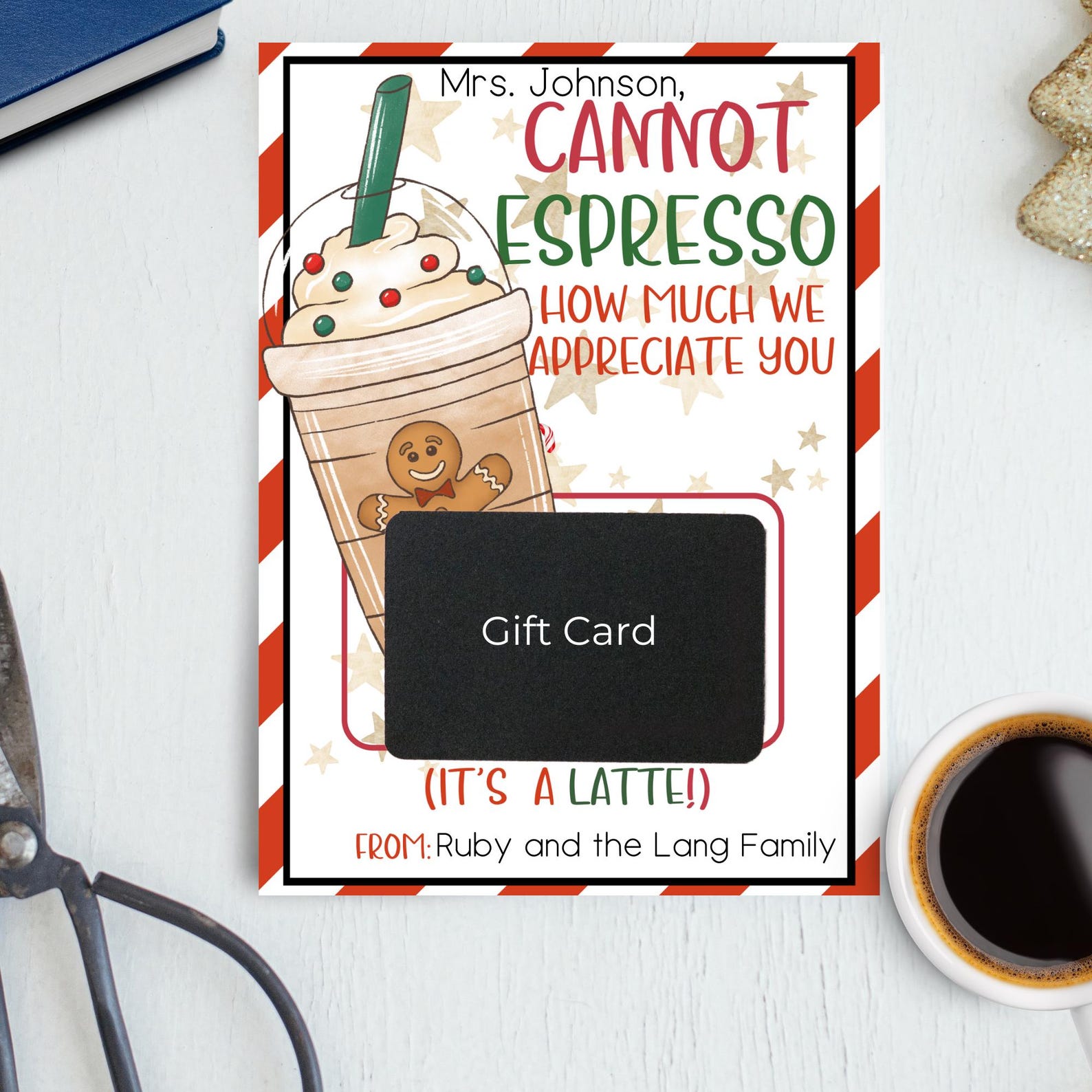 Printable Gift Card Holder for Teacher Christmas Gift, Thanks A Latte ...