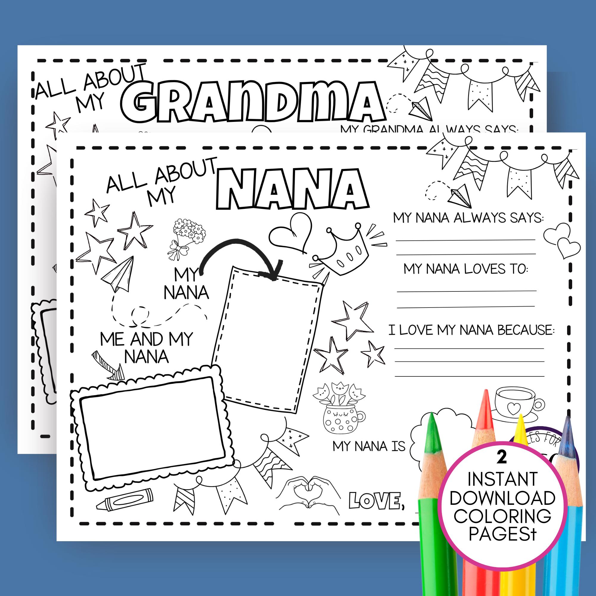 All About My Nana, Mothers Day Gift for Grandma, Coloring Page Birthday ...
