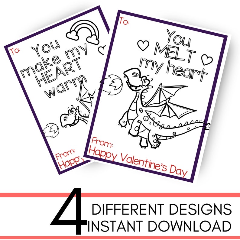 Dragon Coloring Valentine Cards: Set of 4 DIY Kids Valentines (PDF) - Etsy