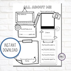 ALL ABOUT ME Sheets for Kids, Printable Activity, Writing Prompt for ...