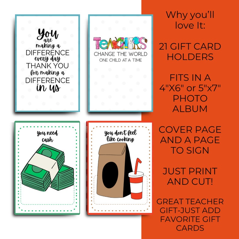 Teacher Gift Card Book, Teacher Appreciation Gift Printable, Gift Card ...