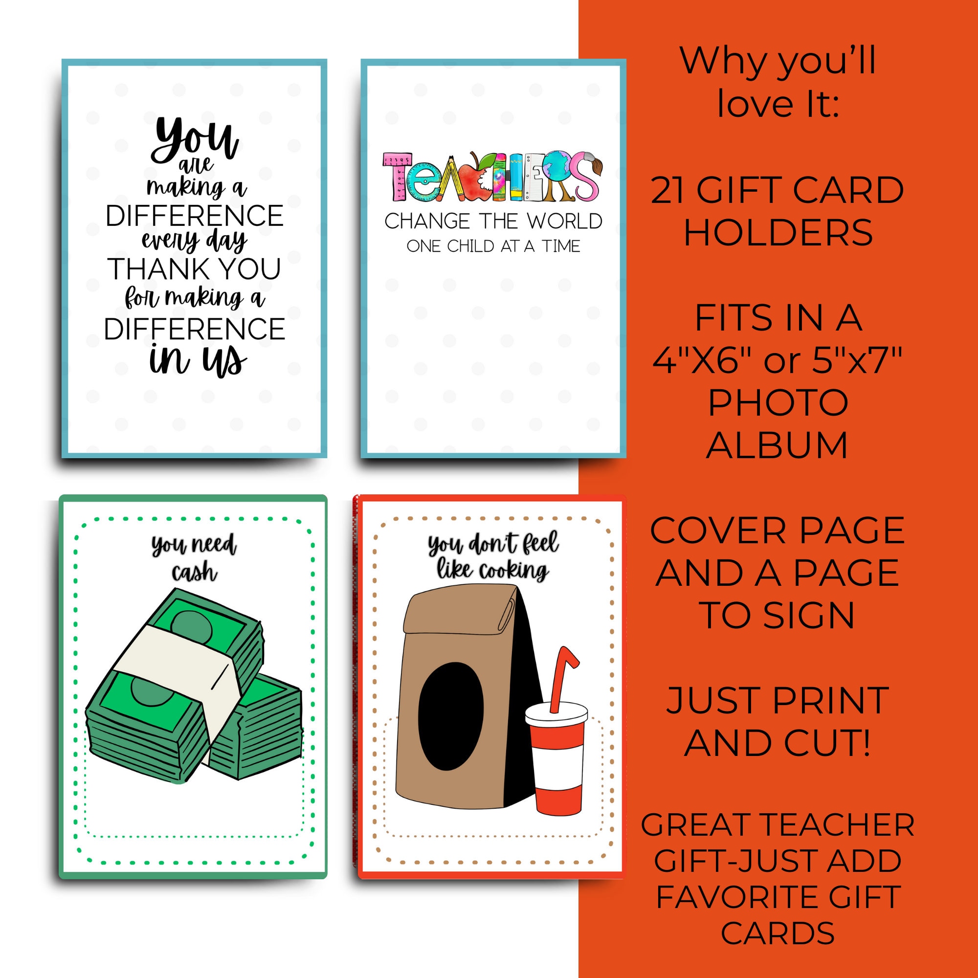 Teacher Gift Card Book, Teacher Appreciation Gift Printable, Gift Card ...