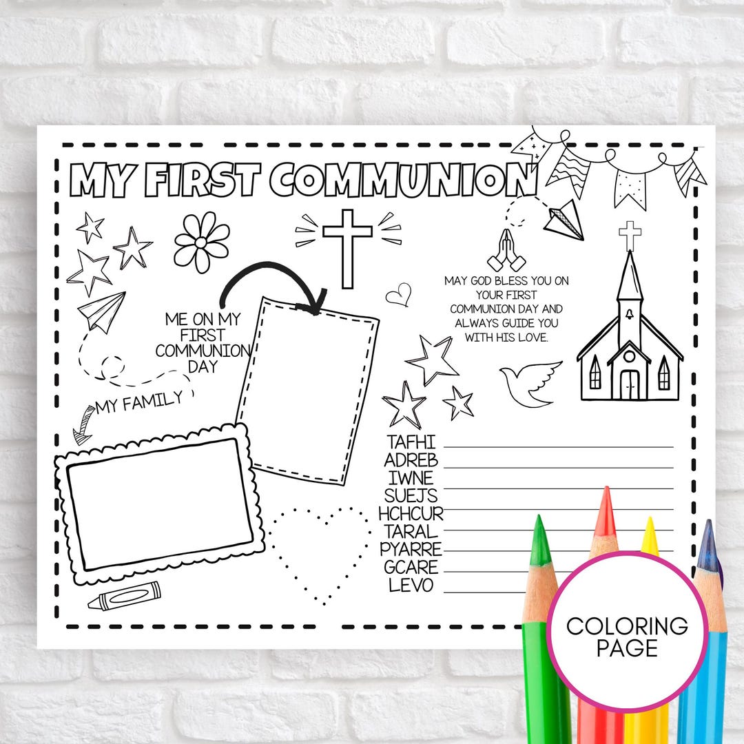 First Communion Coloring Page Activity, Placemat Sheet, Last Minute ...