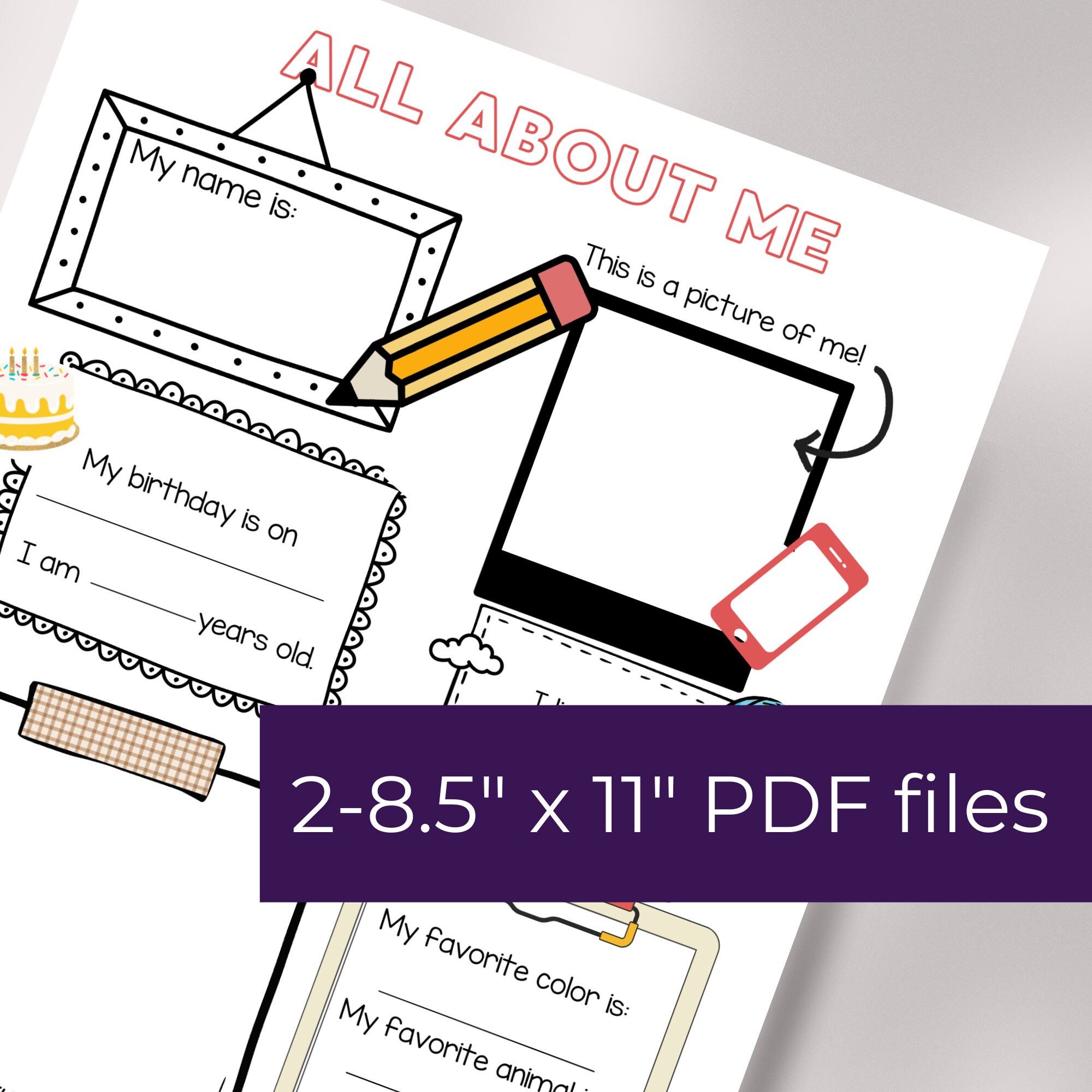 ALL ABOUT ME Sheets for Kids, Printable Activity, Writing Prompt for ...