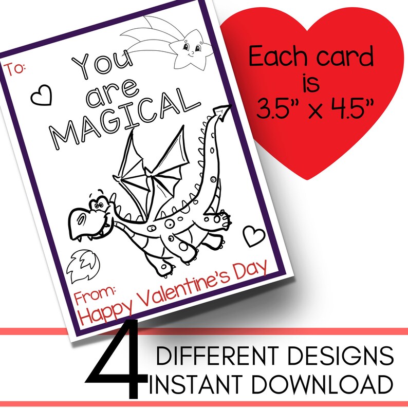 Dragon Coloring Valentine Cards: Set of 4 DIY Kids Valentines (PDF) - Etsy