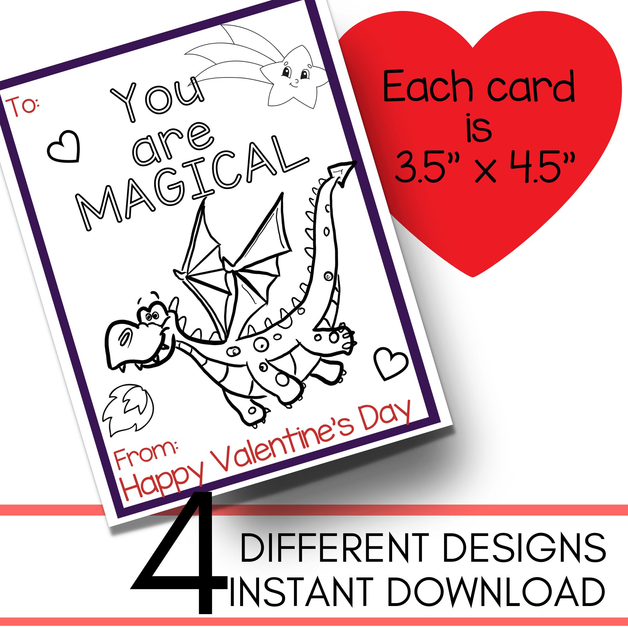 Printable Valentine Card, Dragon Coloring Valentine Card, Set of 4 Kid ...