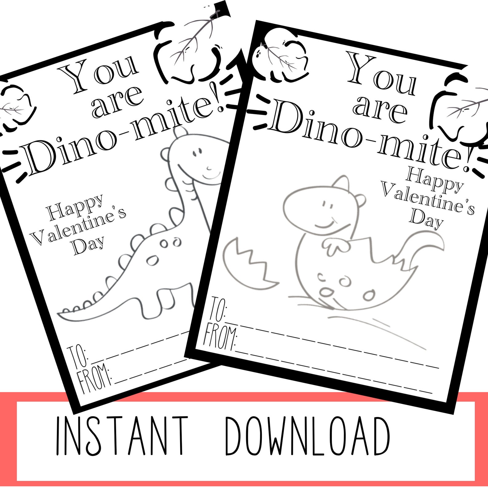 Valentine Cards, Printable Coloring Dinosaur Valentine Card, Set of 5 ...