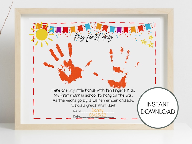 First Day of Preschool Handprint Art, First Day of School Printable ...