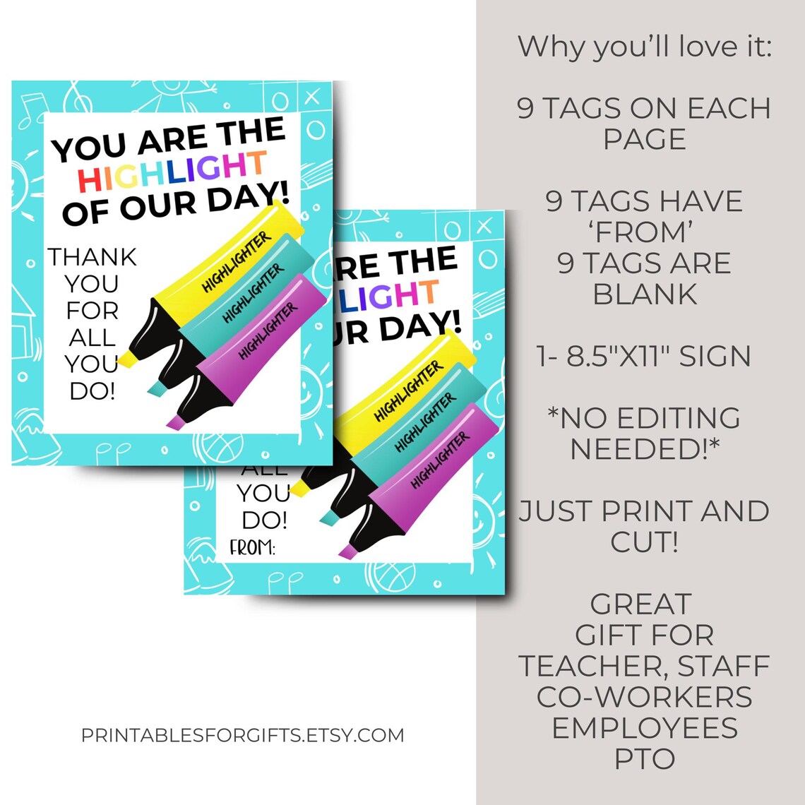 Highlighter Gift Tag: Teacher & Staff Appreciation Printable (PDF) - Etsy