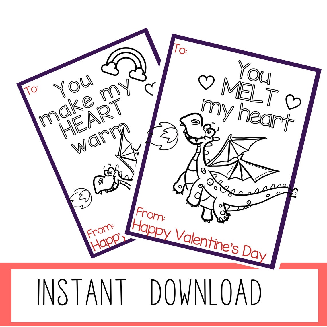 Printable Valentine Card Dragon Coloring Valentine Card Set - Etsy