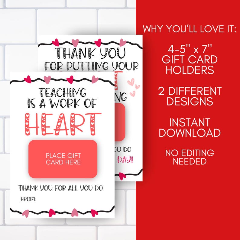 Teacher Valentine Gift Card Holder: Printable Thank You Gift (digital ...